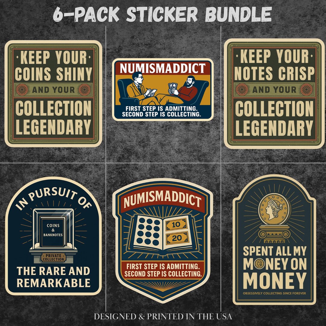 Coin & Currency Collector Sticker Pack – 6 Numismatics Vinyl Stickers ...
