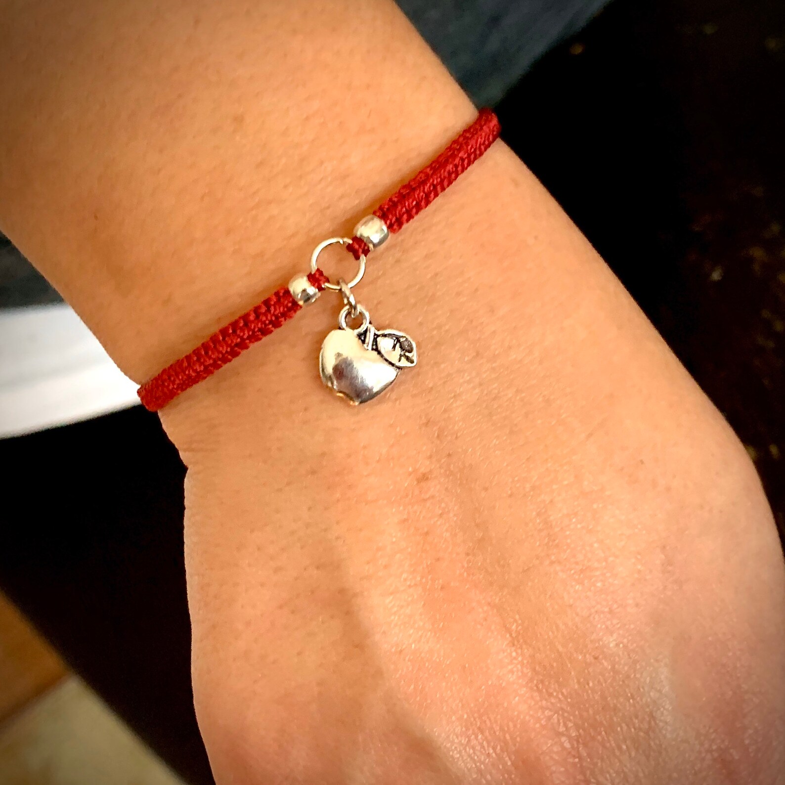 Silver Apple Dangle Charm Handmade Adjustable Bracelet Teacher - Etsy