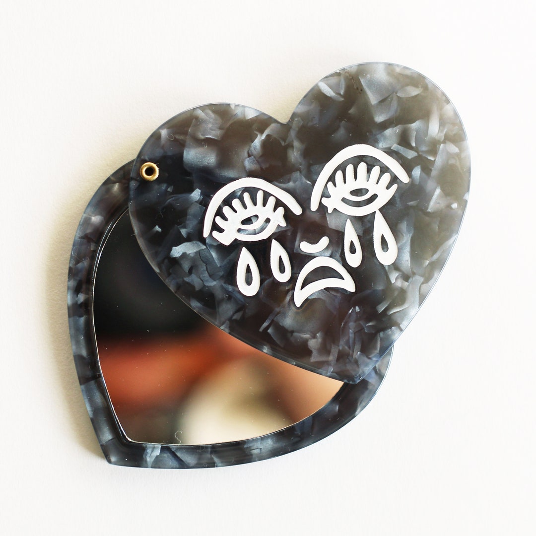 Crying Heart Black Marble Acrylic Heart Shape Pocket Mirror Compact Hand Bert Grimm Sad Face - Etsy