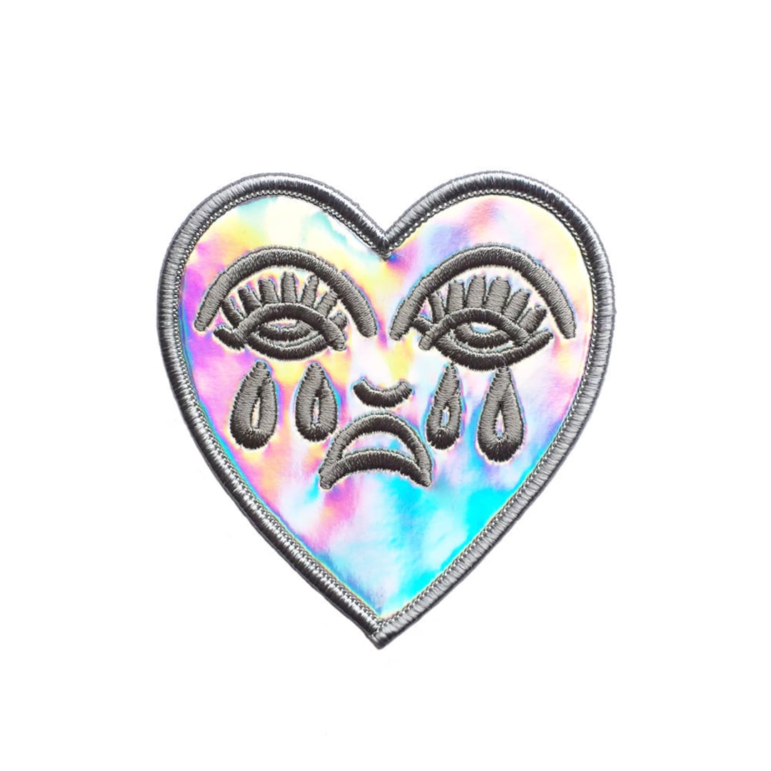 Crying Heart Holographic Embroidered Patch Iron on Badge Tattoo Design ...