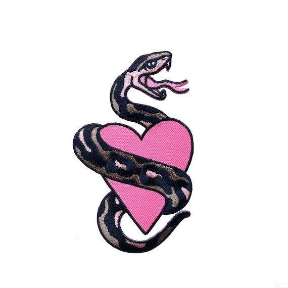Snake Heart Embroidered Patch Iron on Badge Pink Traditional | Etsy