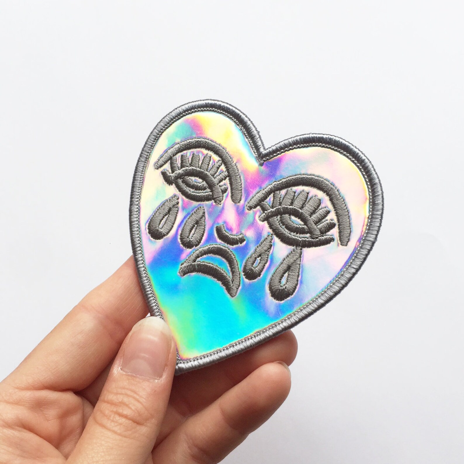 Crying Heart Holographic Embroidered Patch Iron on Badge Tattoo Design ...