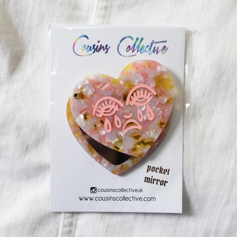 Crying Heart Pink Yellow Marble Acrylic Heart Shape Pocket Mirror ...