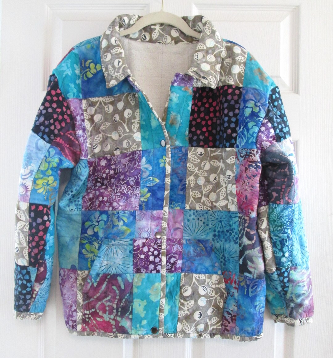 Patchwork Quilt Jacket Chore Coat Blue Purple Womens Size Large ...