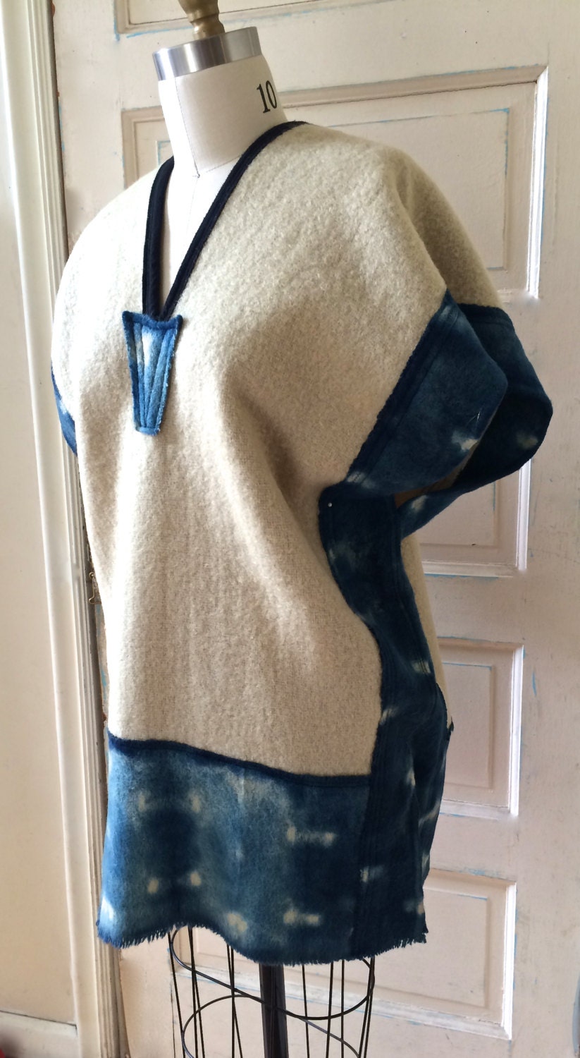 Wool Poncho With Indigo Shibori Dyed Trim, Blanket Poncho, Shawl ...