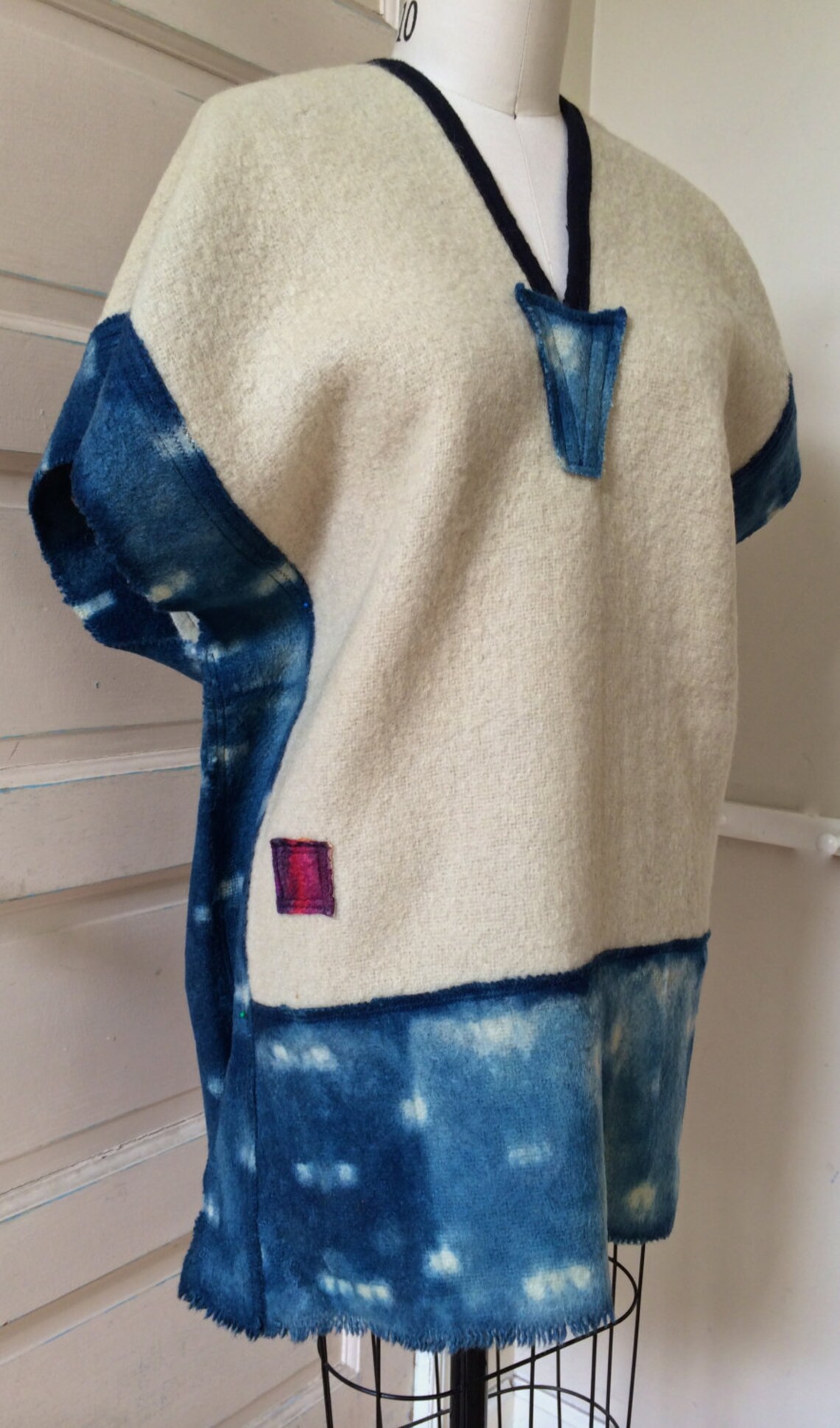 Wool Poncho With Indigo Shibori Dyed Trim, Blanket Poncho, Shawl ...
