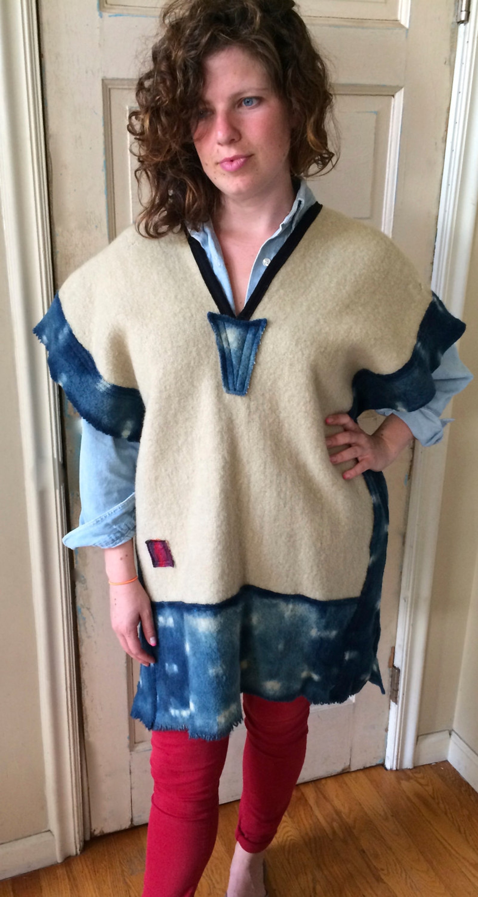 Wool Poncho With Indigo Shibori Dyed Trim, Blanket Poncho, Shawl ...