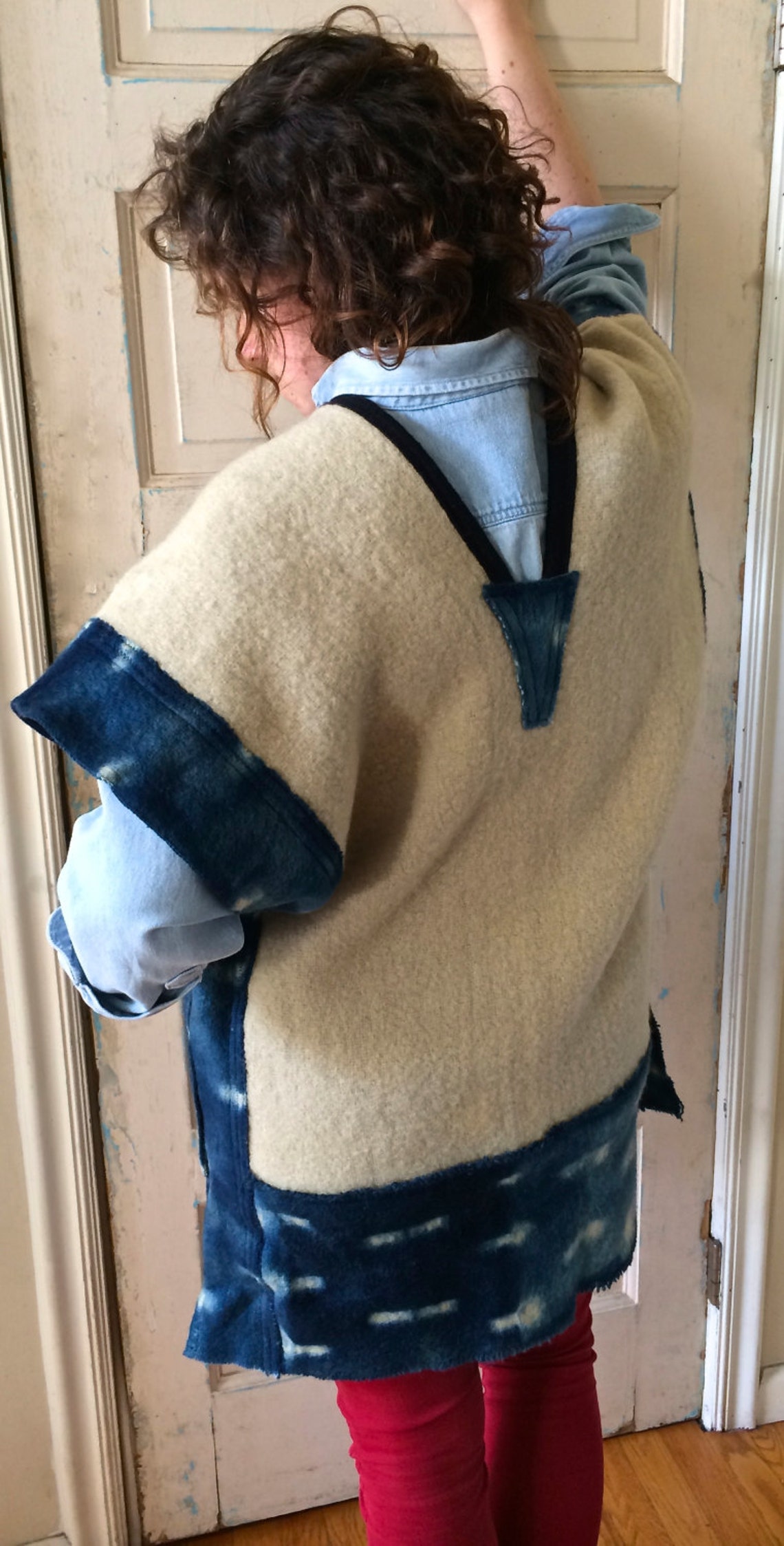 Wool Poncho With Indigo Shibori Dyed Trim, Blanket Poncho, Shawl ...