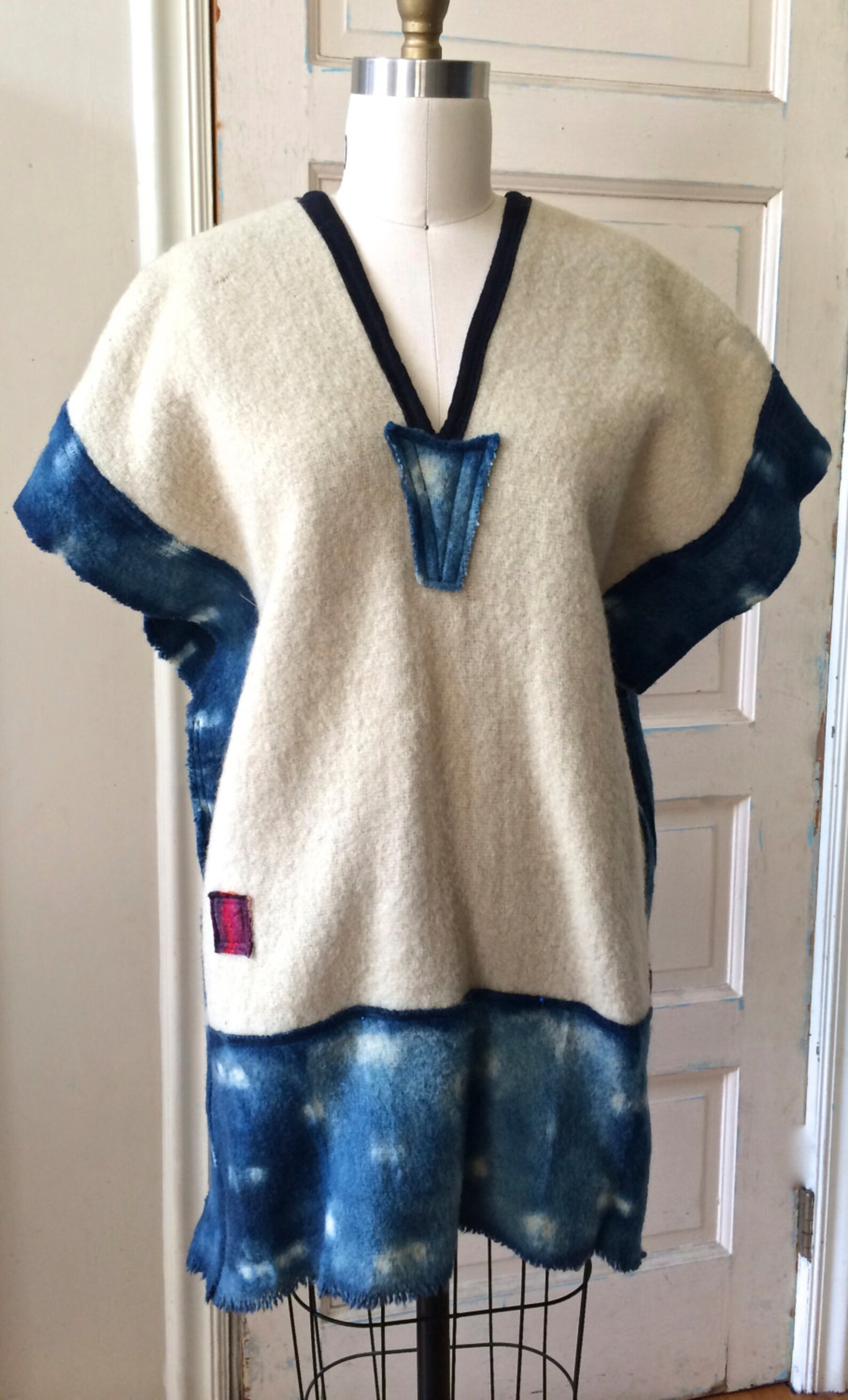 Wool Poncho With Indigo Shibori Dyed Trim, Blanket Poncho, Shawl ...