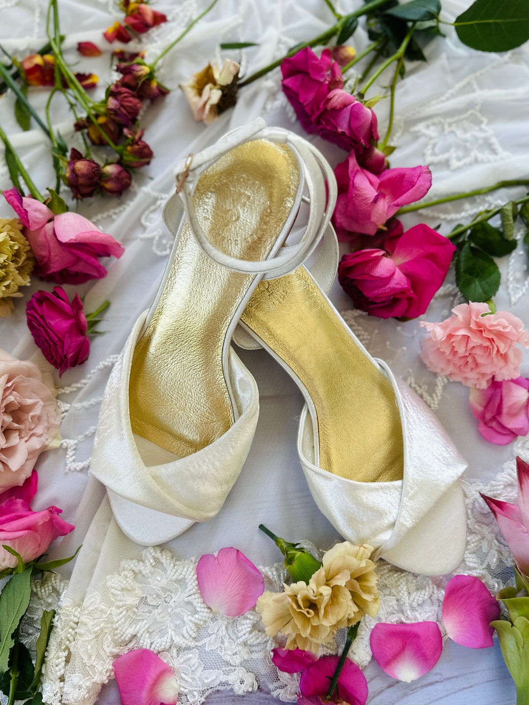 White Satin Wedding Shoes With Gold Cap Heel, Low Heel Bridal Footwear ...