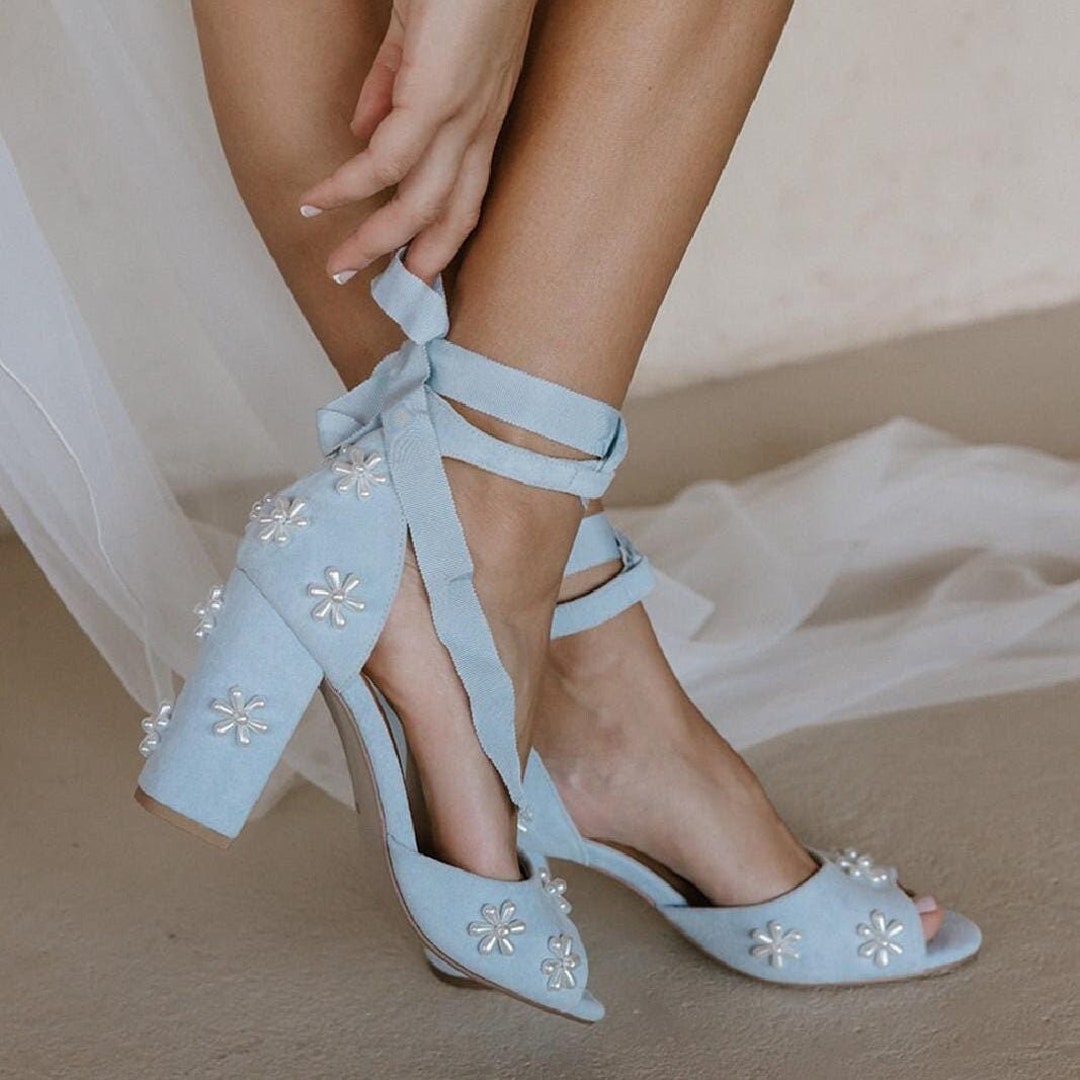 Blue Wedding Shoes, Blue Bridal Heels With Pearl, Pearl Flower Bridal ...