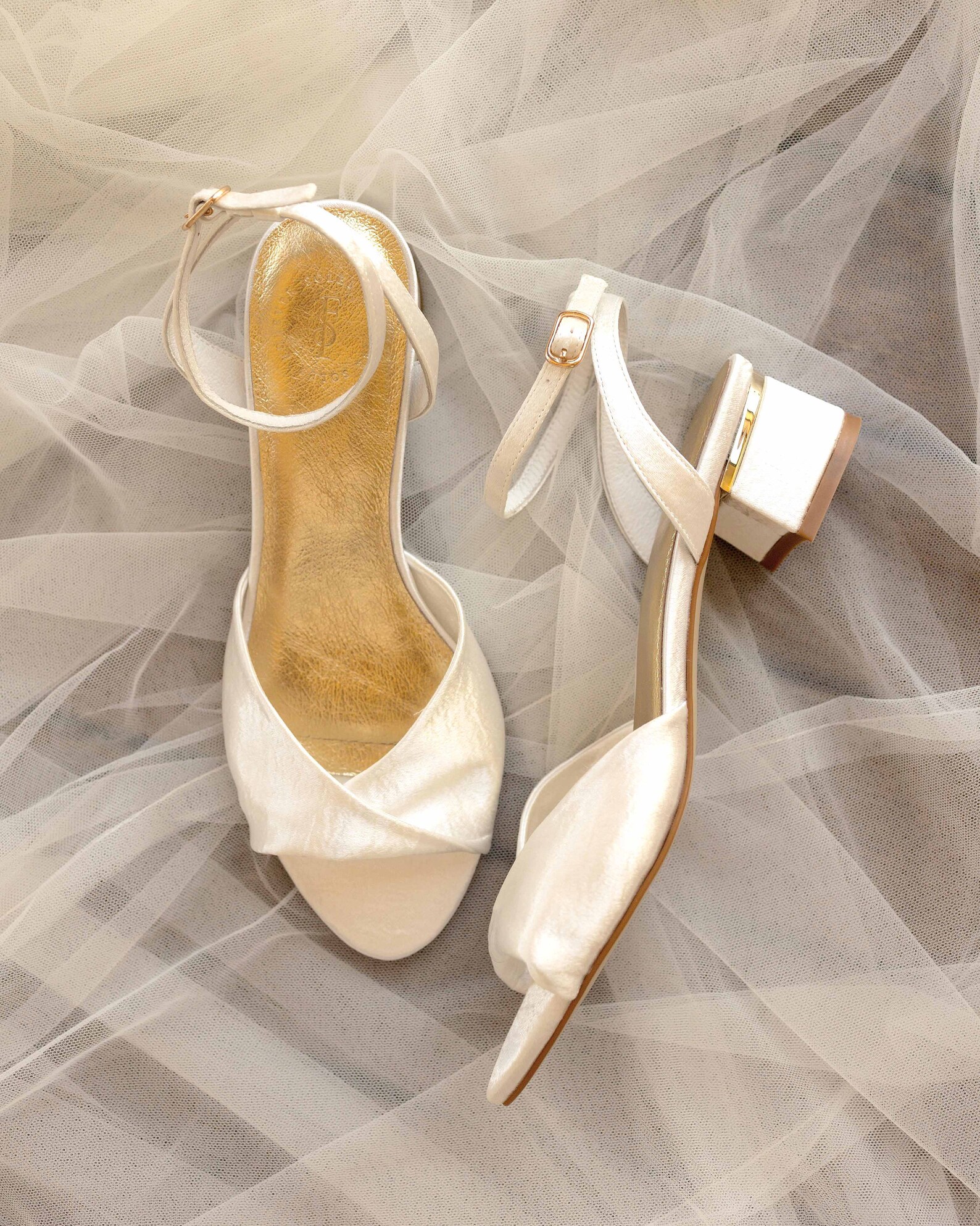 White Satin Wedding Shoes With Gold Cap Heel, Low Heel Bridal Footwear ...