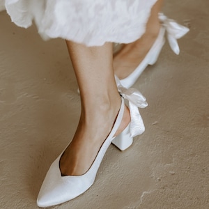 White Satin Bridal Shoes With Low Heel and Sling Back, Comfortable Low ...