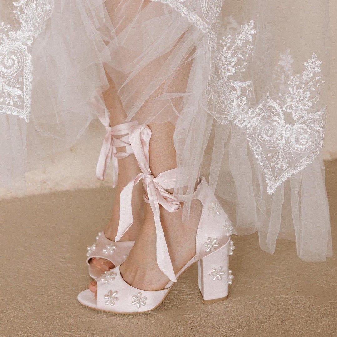 Pink Satin Bridal Shoes, Pearl Flower Bridal Shoes, Block Heel Bridal ...