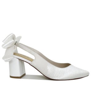 White Satin Bridal Shoes With Low Heel and Sling Back, Comfortable Low ...