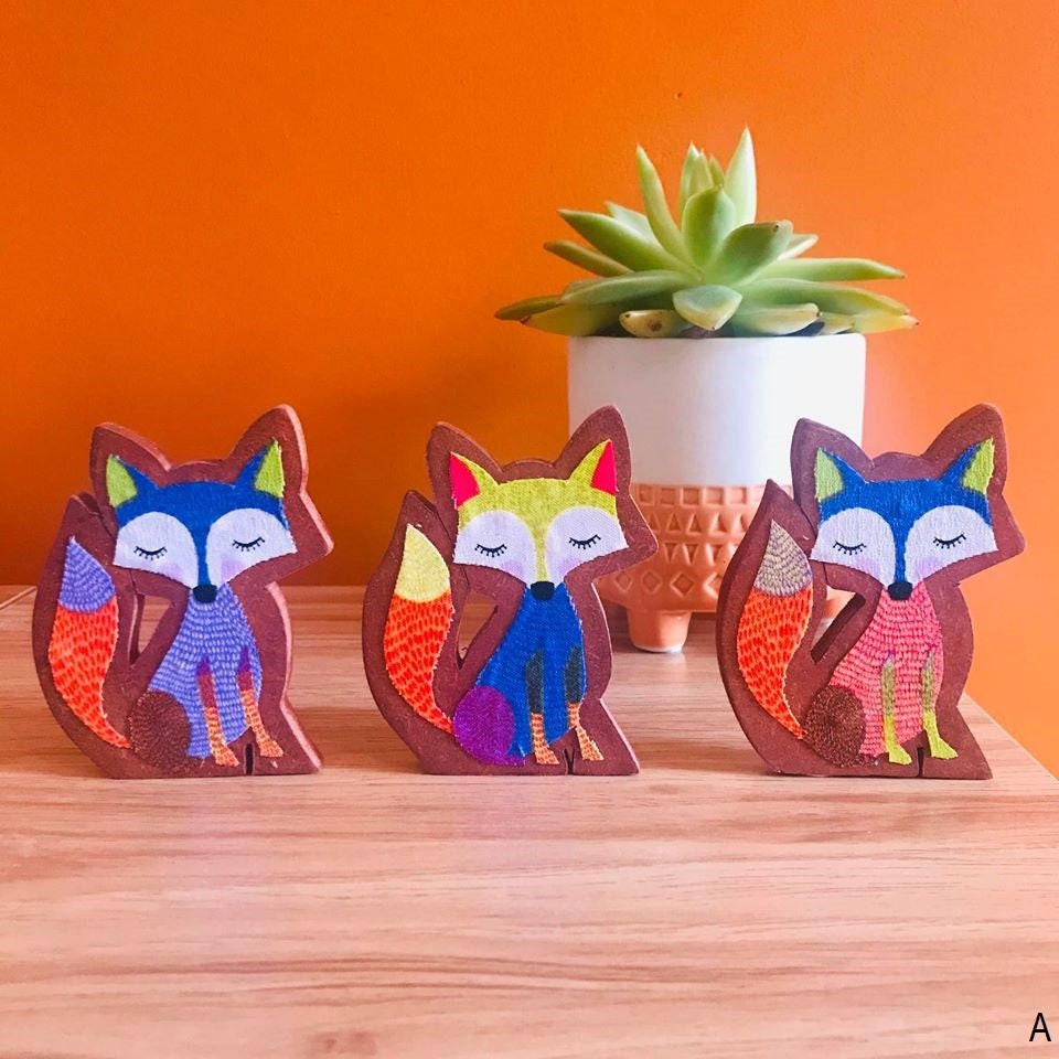 Fox decorations Set of 3 Colourful Wooden Standing Fox | Etsy