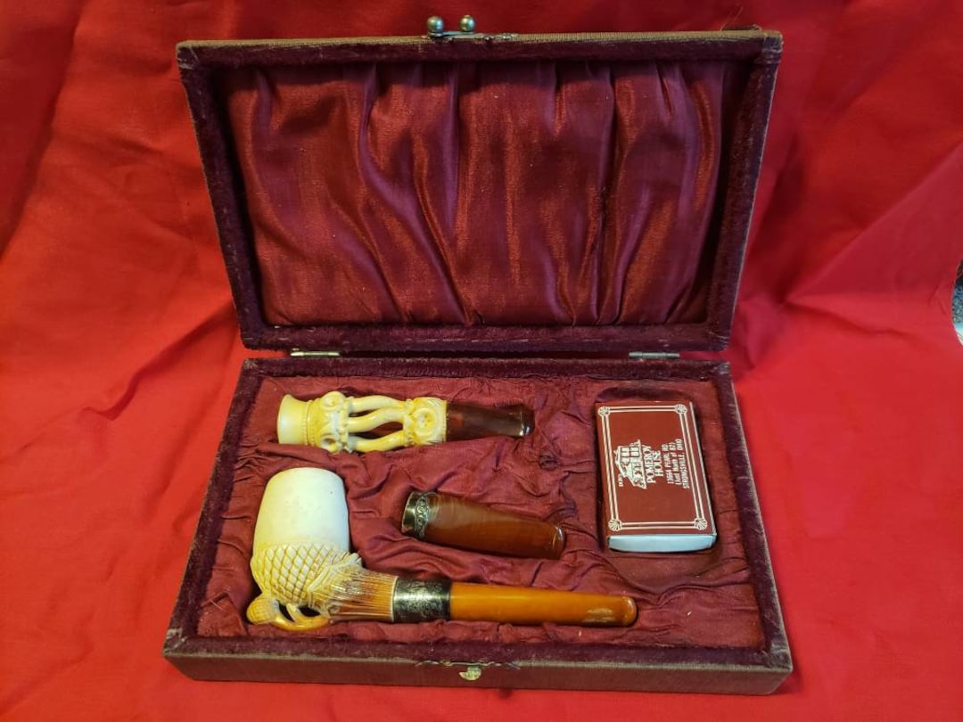 Gorgeous Handcarved Meerschaum Pipe Set Cased 3 Piece Set Acorn Amber ...