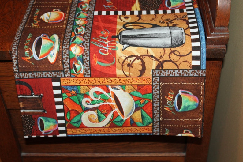 Coffee-themed Table Runner, Coffee Cups & Beans, 42", Reversible - Etsy