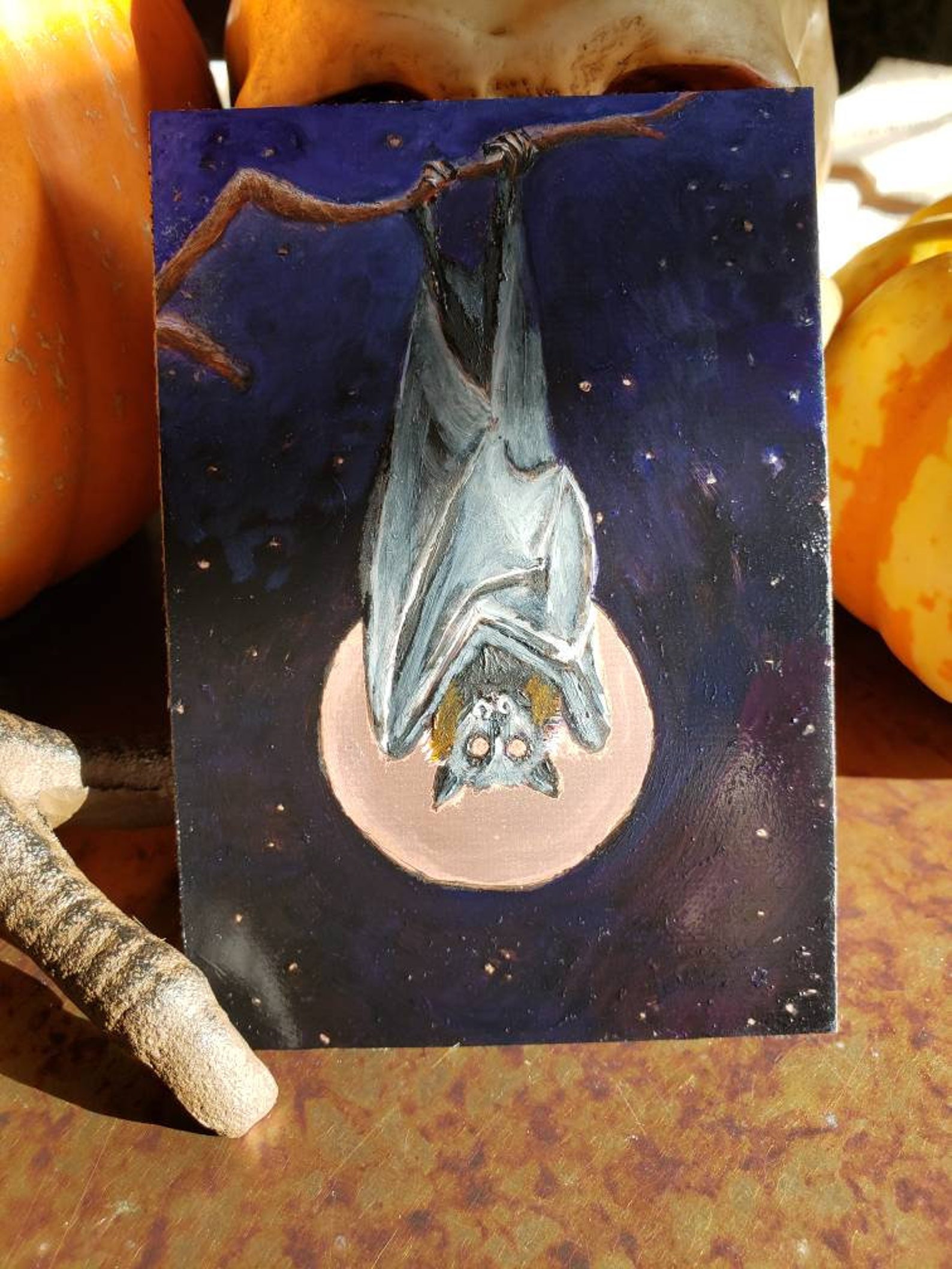 Bat Painting Mini Bat Oil Painting on Copper Moon Goth - Etsy
