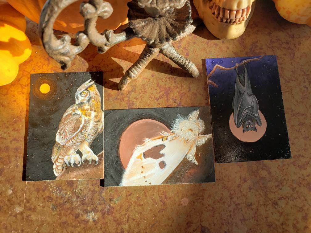 Bat Painting Mini Bat Oil Painting on Copper Moon Goth | Etsy