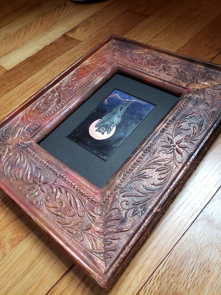 Bat painting mini bat oil painting on copper moon goth | Etsy