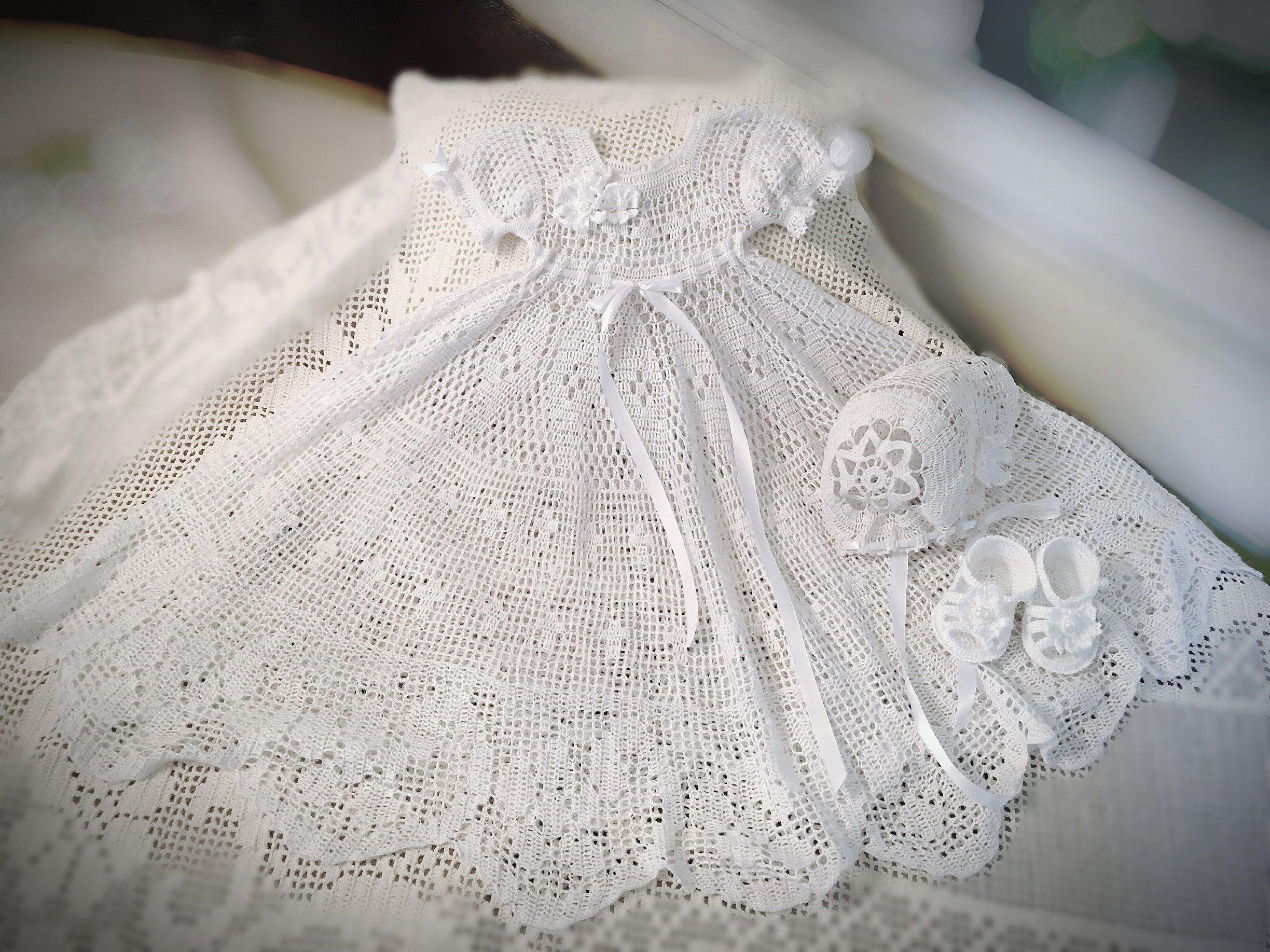 Filet Crochet Gown and Dress Floral and Scroll Christening Patterns ...