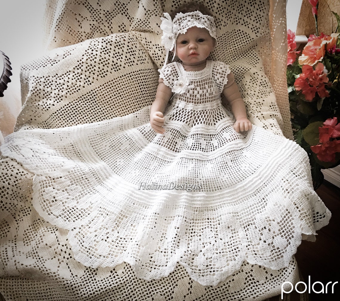Filet Crochet Gown and Dress Floral and Scroll Christening Patterns ...