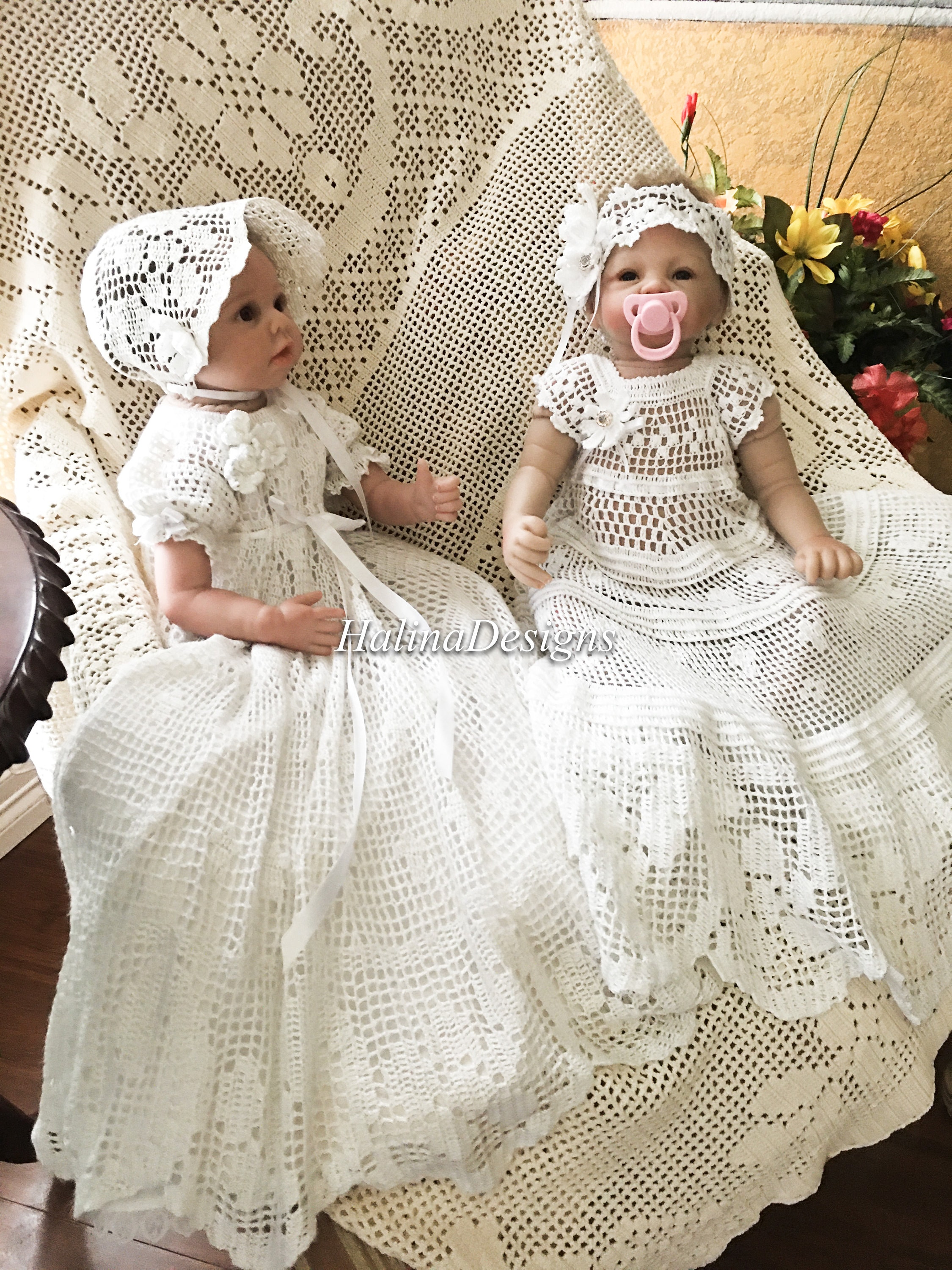 Filet Crochet Gown and Dress Floral and Scroll Christening Patterns ...