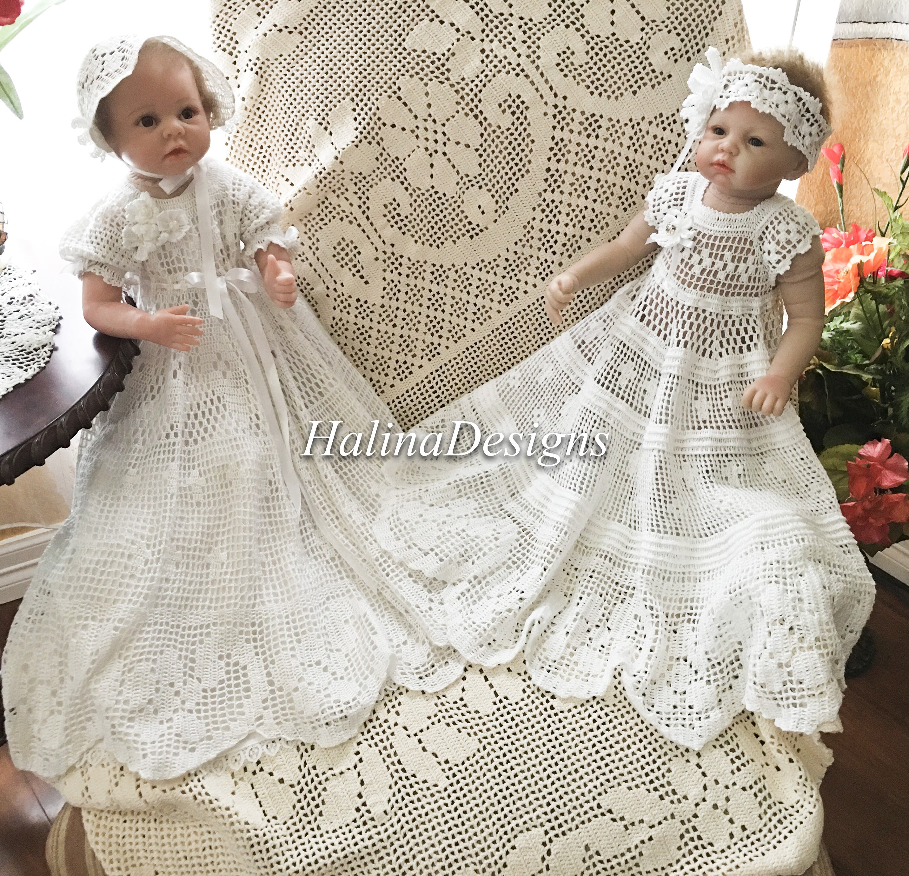 Filet Crochet Gown and Dress Floral and Scroll Christening - Etsy Canada