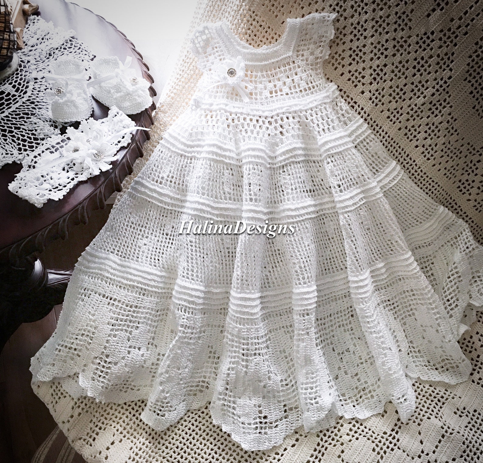 Filet Crochet Gown and Dress Floral and Scroll Christening Patterns ...