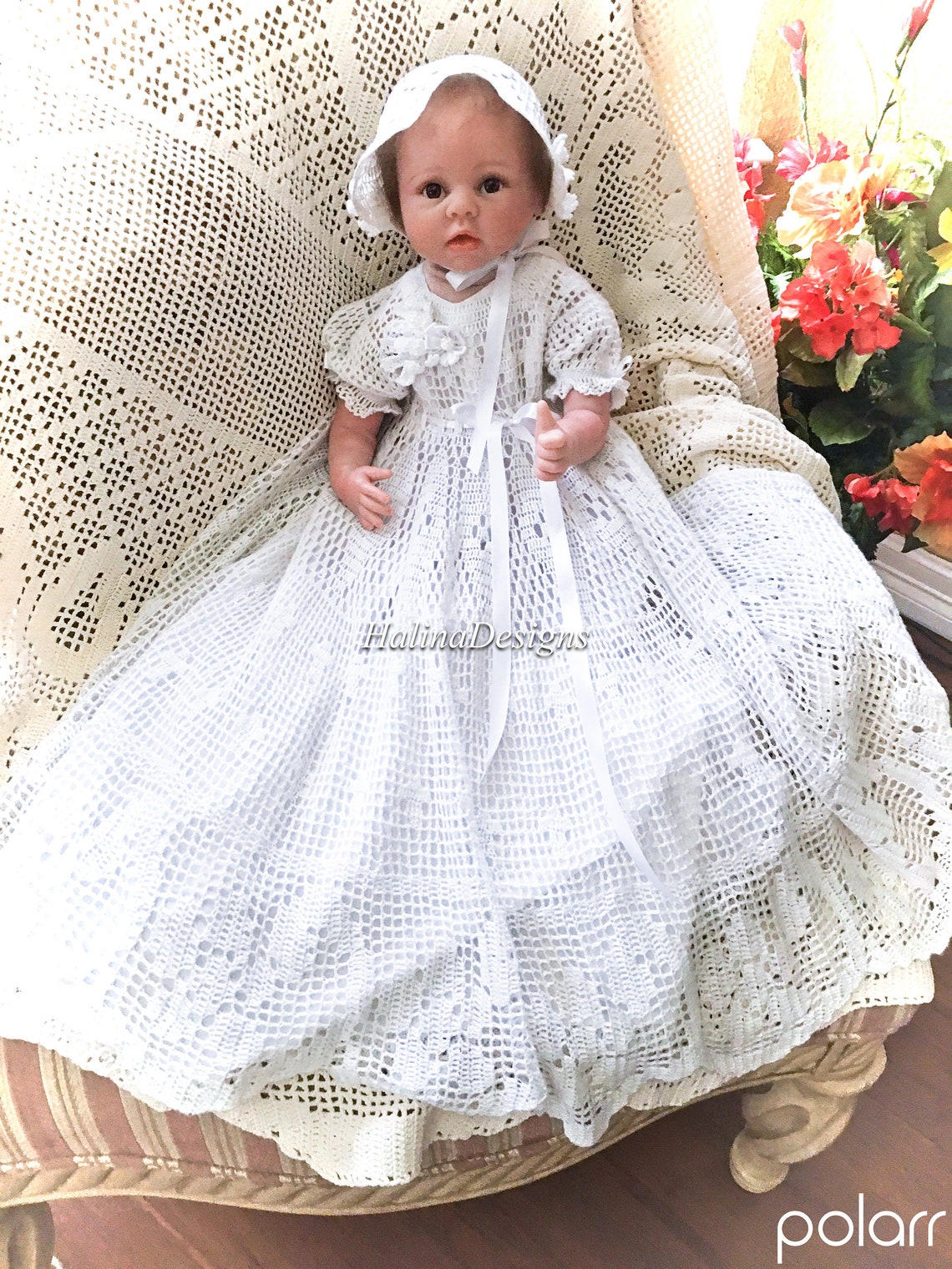 Filet Crochet Gown and Dress Floral and Scroll Christening Patterns ...