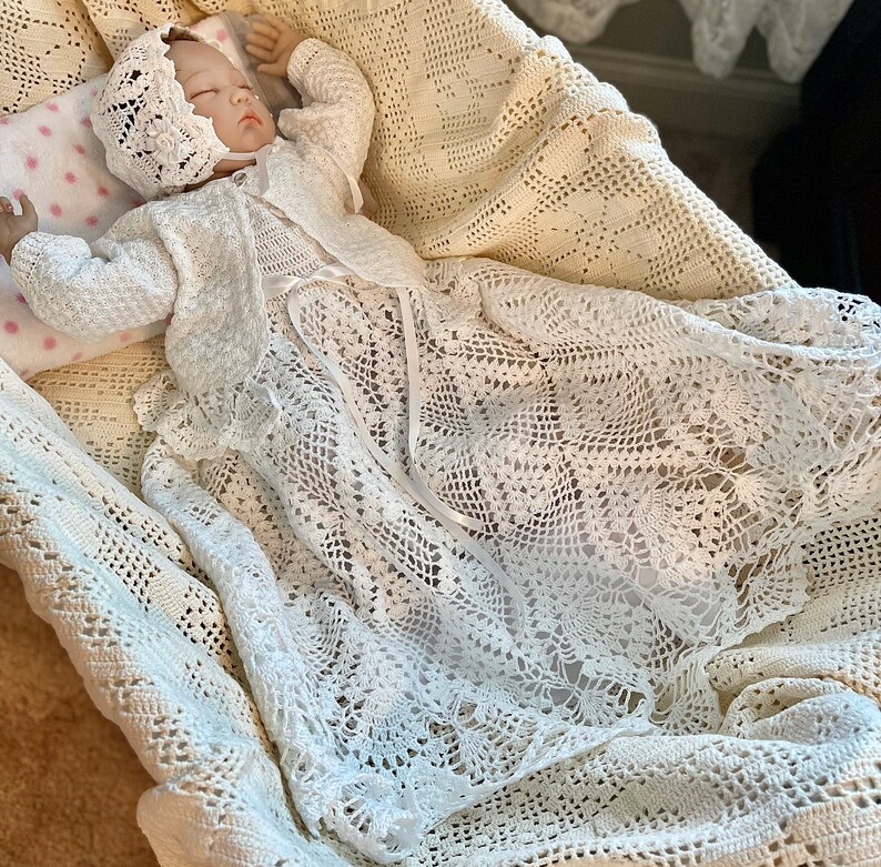 Christina Crochet Pattern, Christening Gown, Sweater, Bonnet and ...