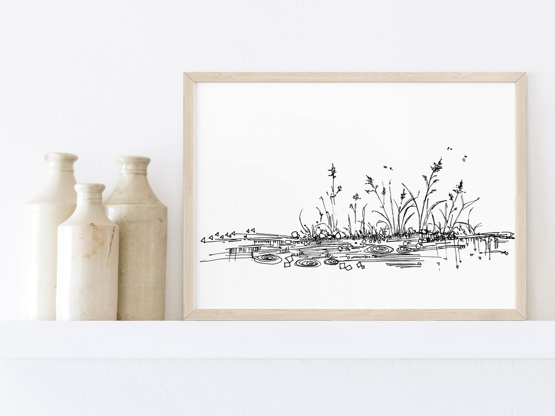Rain on Pond Ink Art | 5x7 or 8x10 Black & White Illustration Print of ...