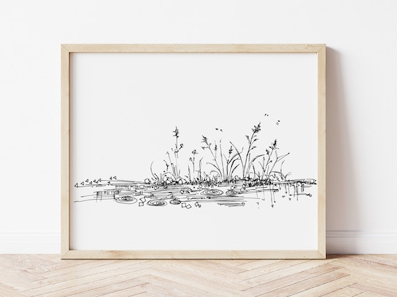 Rain on Pond Ink Art 5x7 or 8x10 Black & White Illustration | Etsy