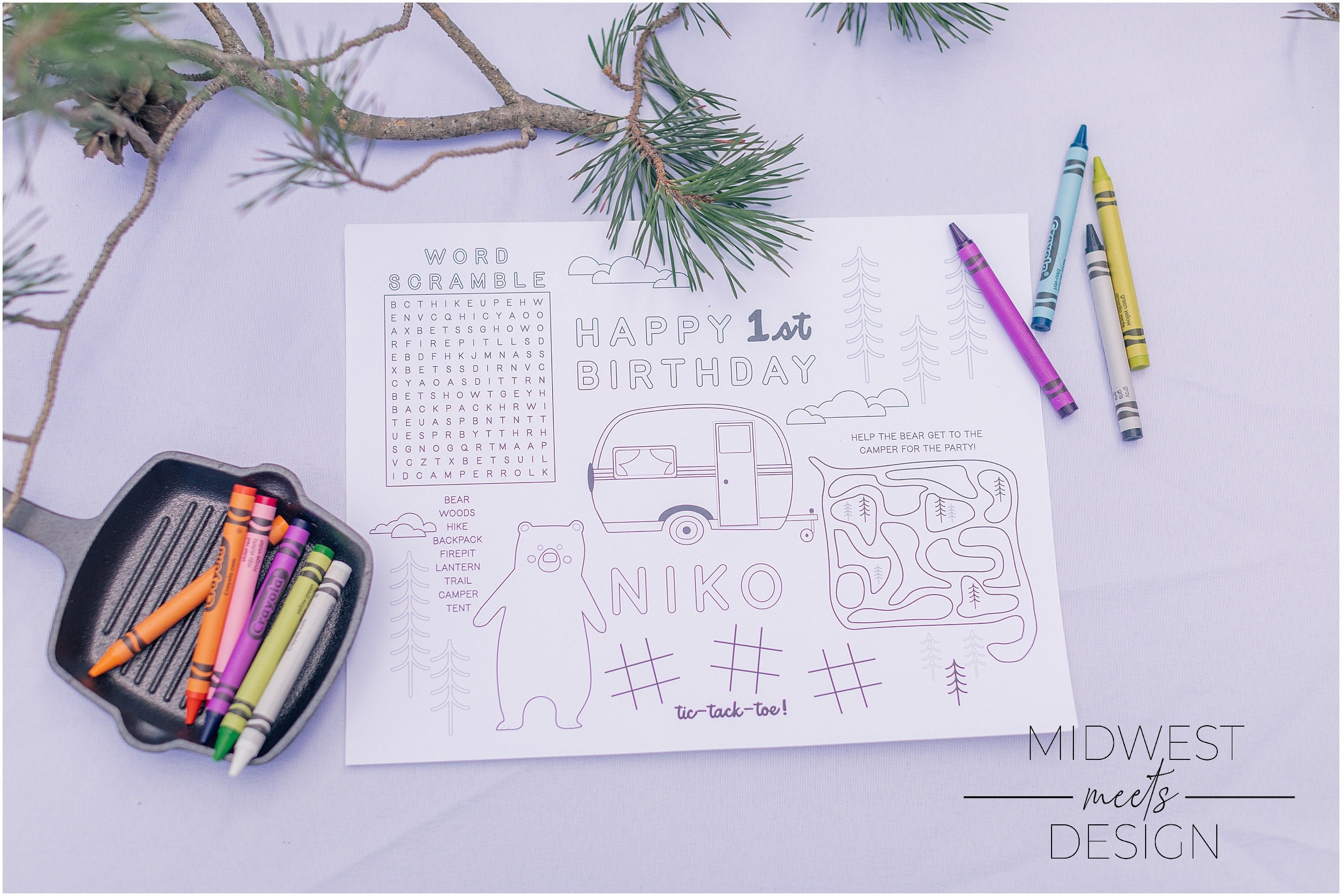 Editable One Happy Camper Birthday Coloring Page Template, Placemat ...