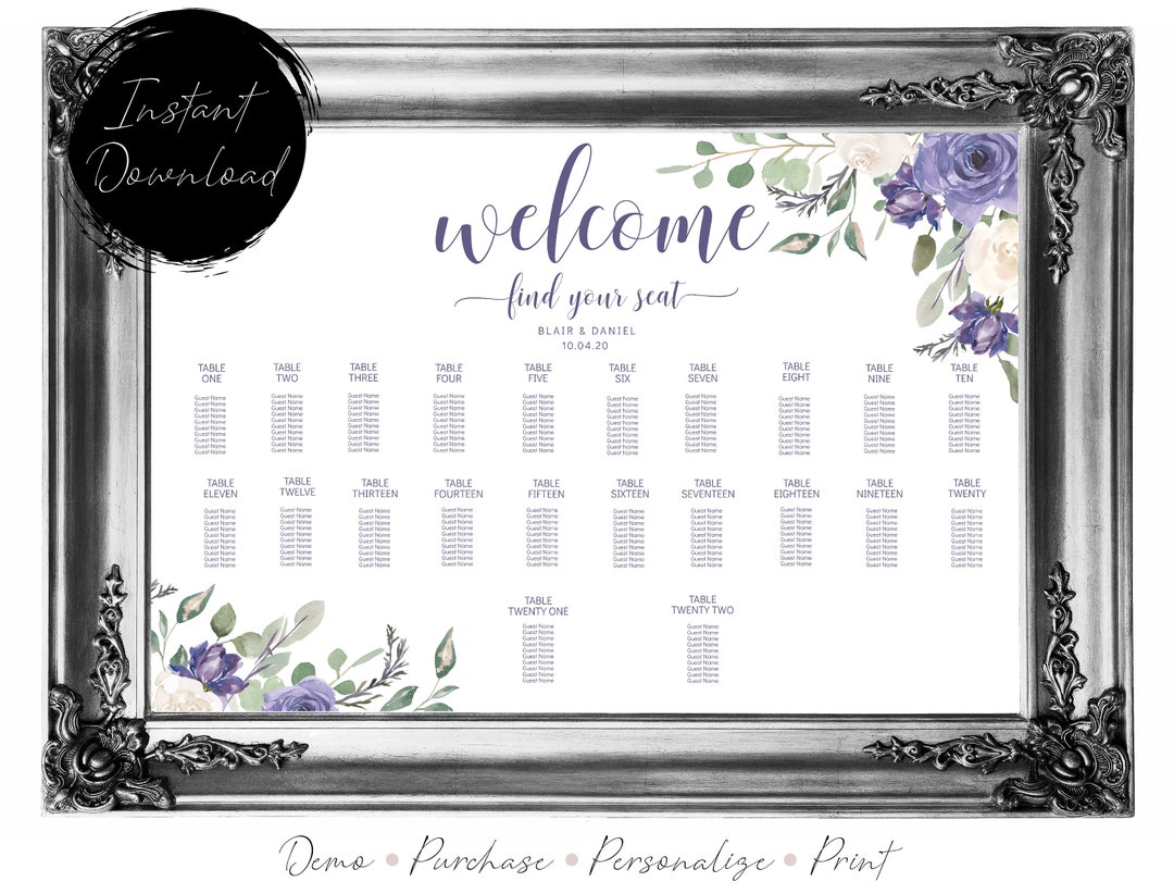 Lavender Floral Seating Chart With Table Numbers, Watercolor Escort ...