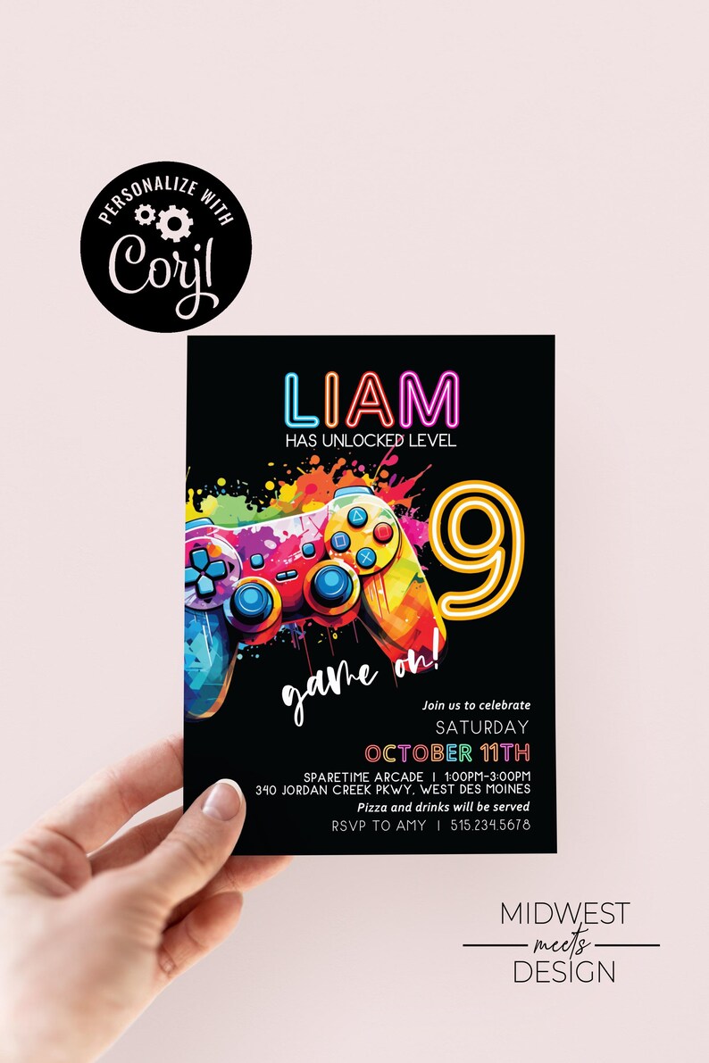 Editable Video Game Birthday Invitation: Neon Arcade Party (digital ...