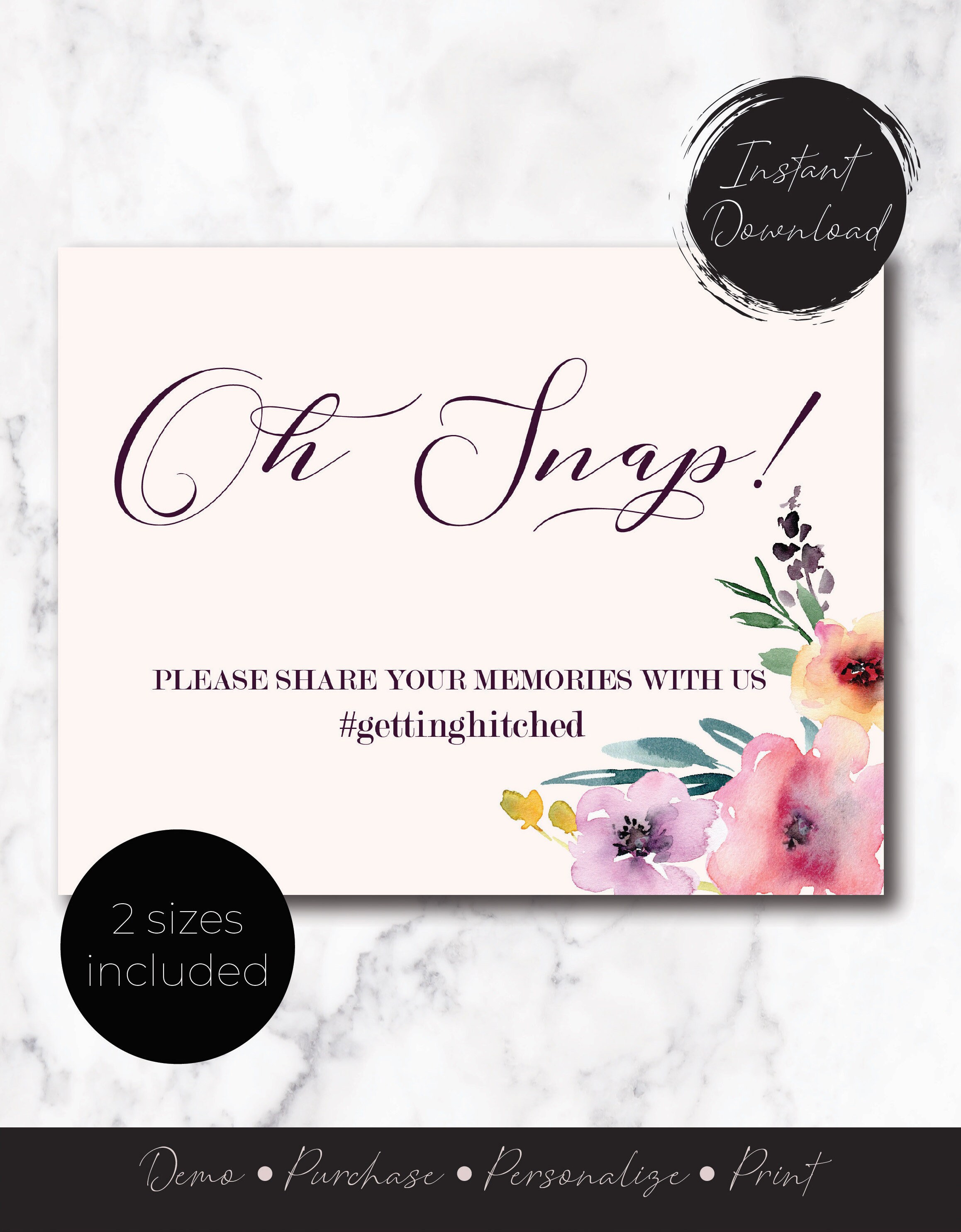 Watercolor Floral Hashtag Sign, Wedding Sign, Wedding Hashtag Template ...