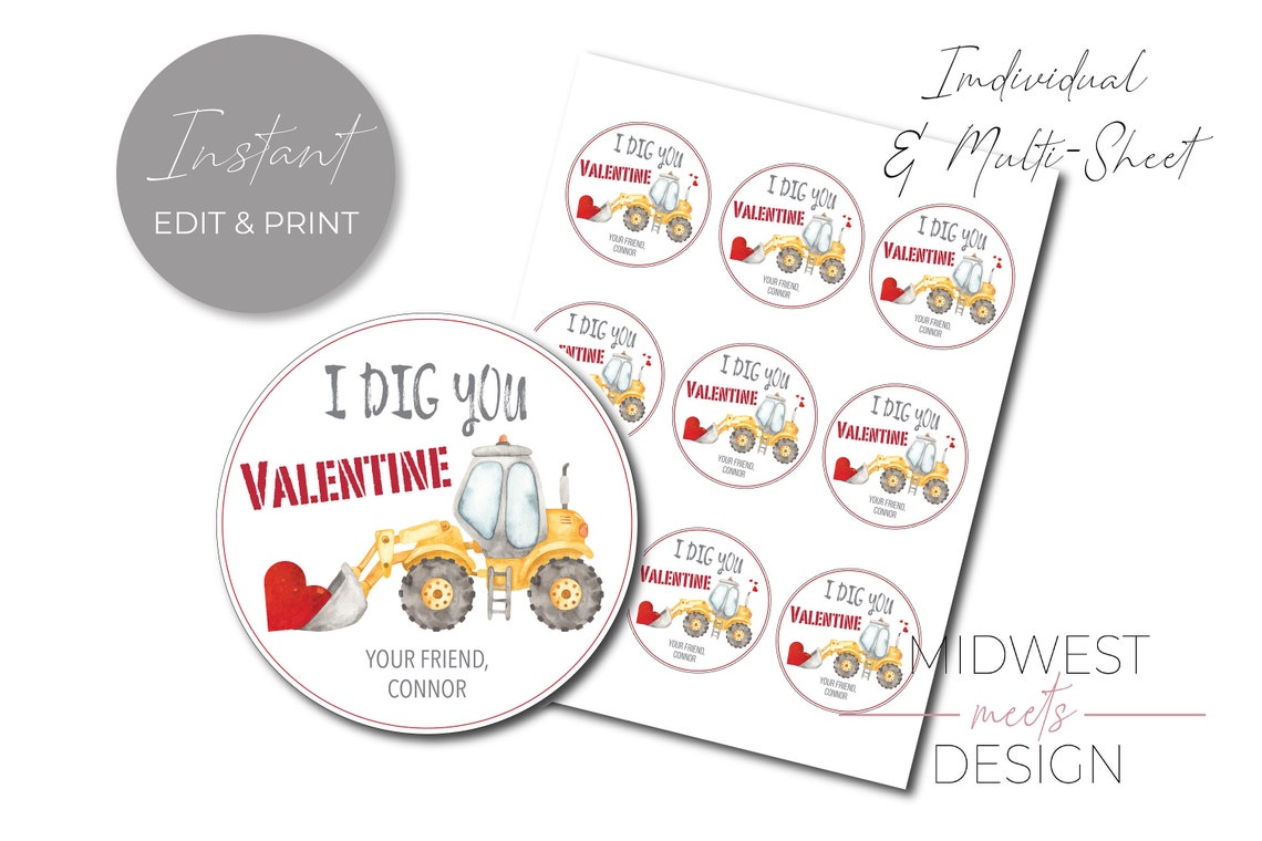 I Dig You Valentine Yellow Tractor Tags, Kid's Valentine's Day Gifts to ...