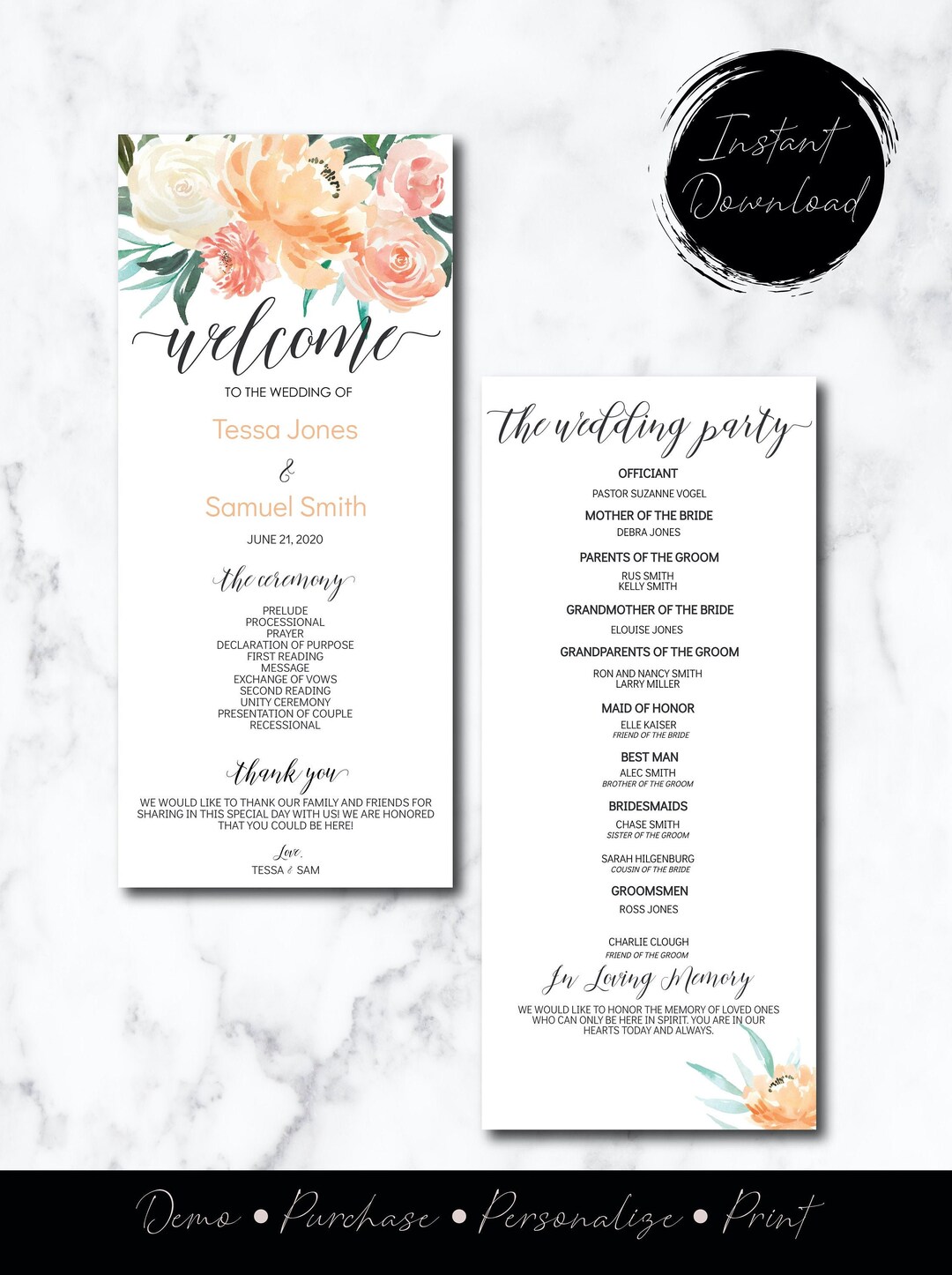 Peach Floral Wedding Program Template Ceremony Program - Etsy