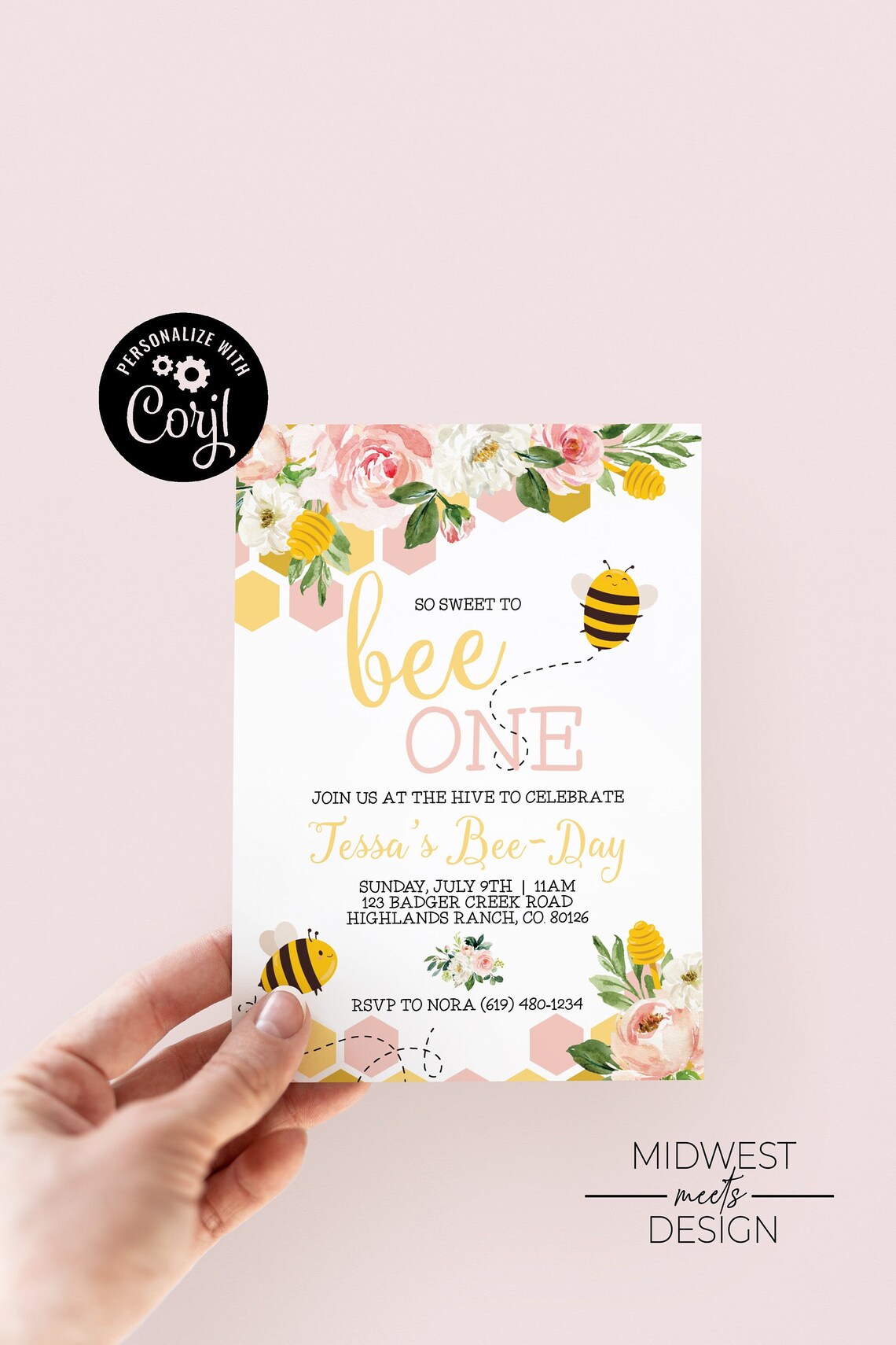 Editable First Bee Day Birthday Invitation, Queen Bee Invite, Pink ...