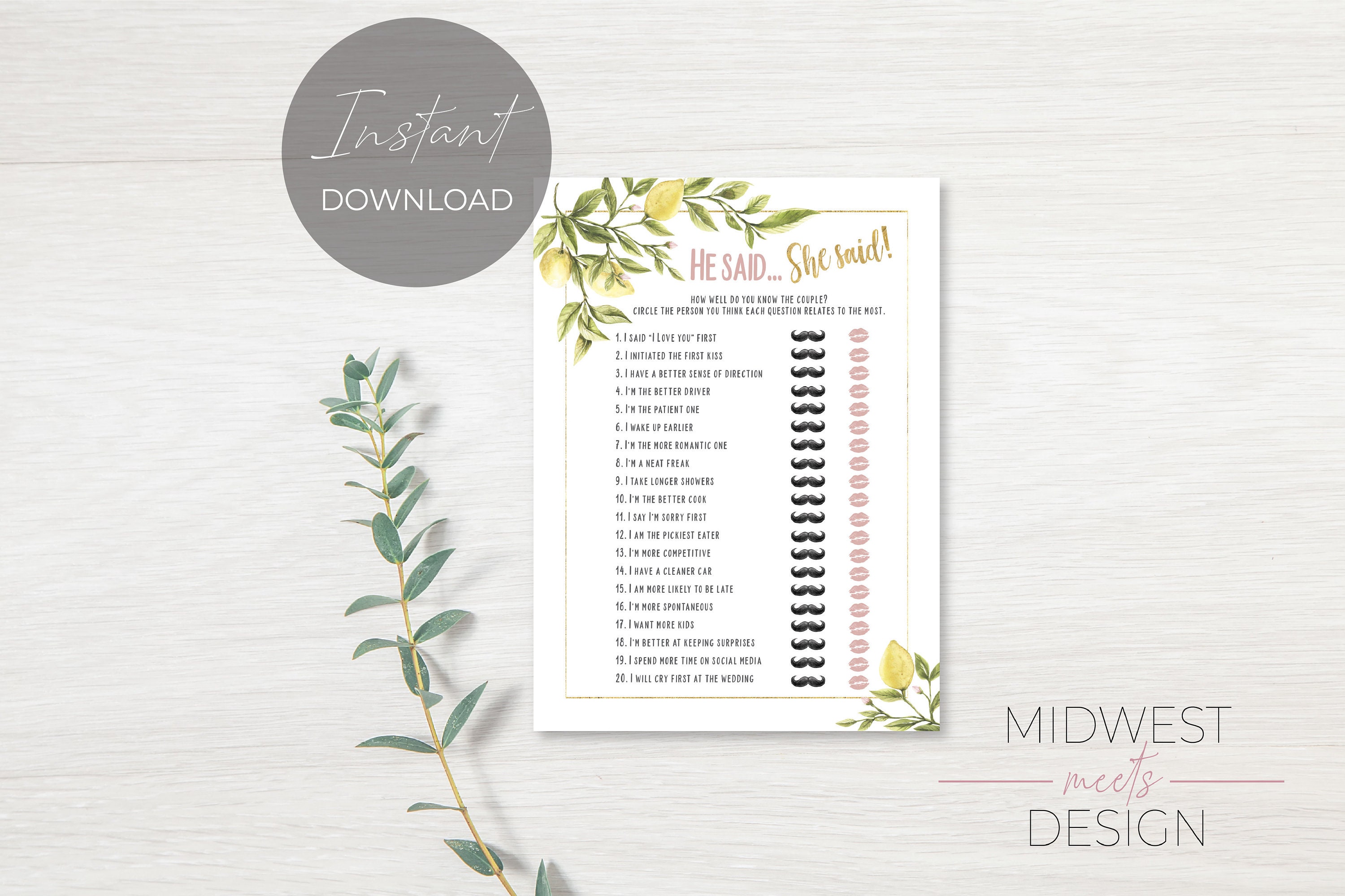 Lemon Themed Bridal Shower Game Card He Said She Said - Etsy