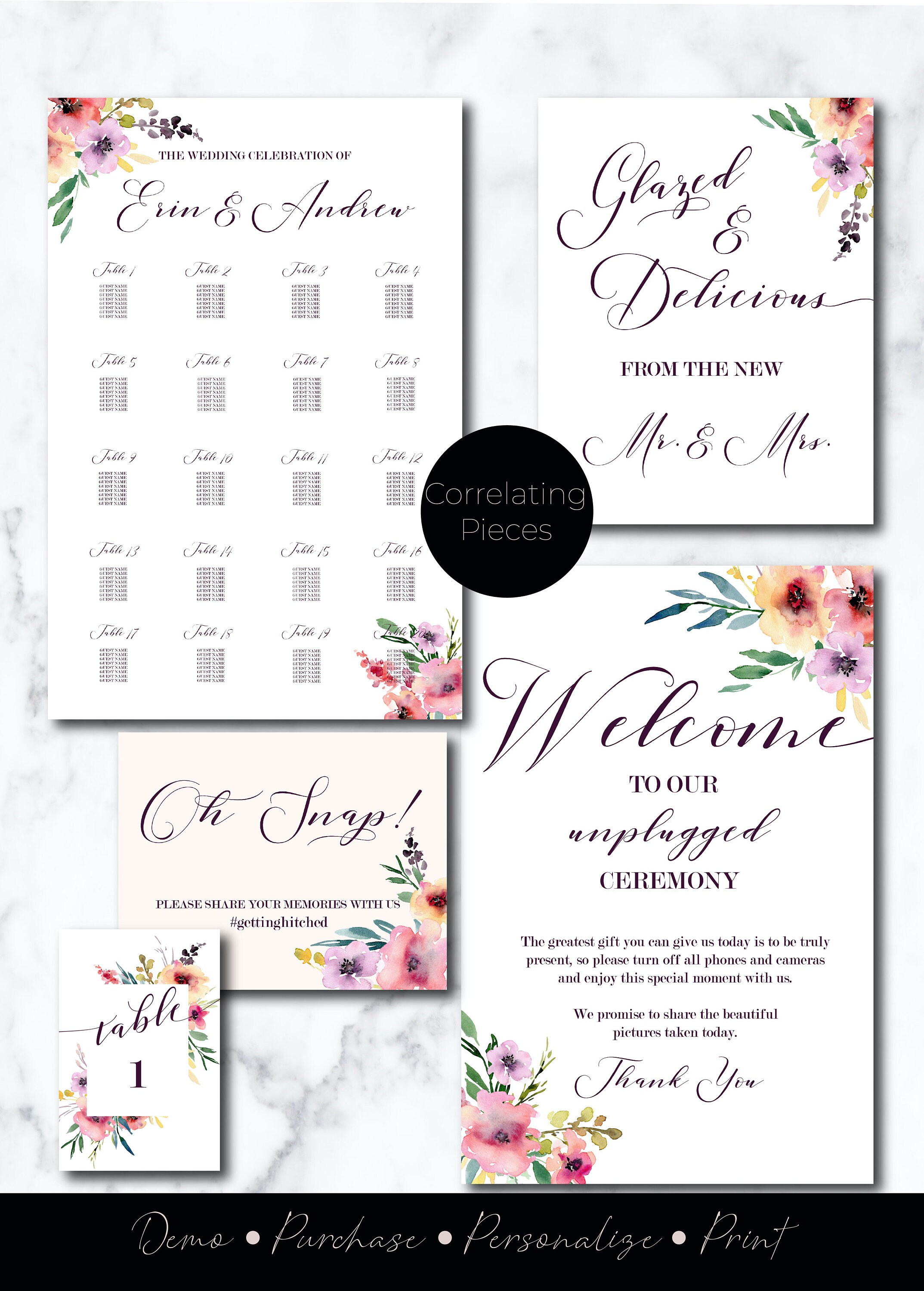 Watercolor Floral Hashtag Sign, Wedding Sign, Wedding Hashtag Template ...
