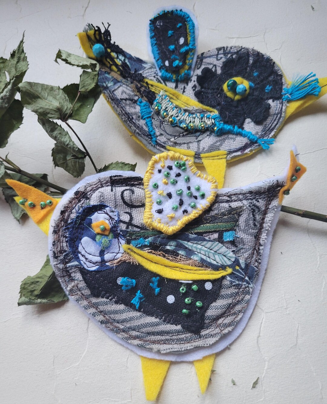 TWO Happy Scrappy Textile Birds / Textile Patches/ Textile Bird Pins ...