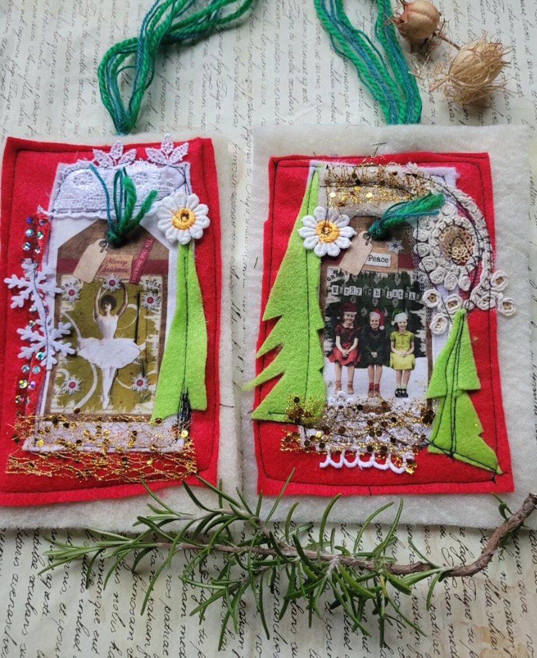 2 Hanging Textile GIFT CARD Holders / Christmas Fabric Cards With Mixed ...