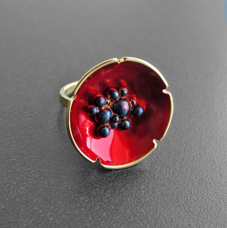Sterling Silver Red Enamel Poppy Ring: Floral Blossom Jewelry - Etsy