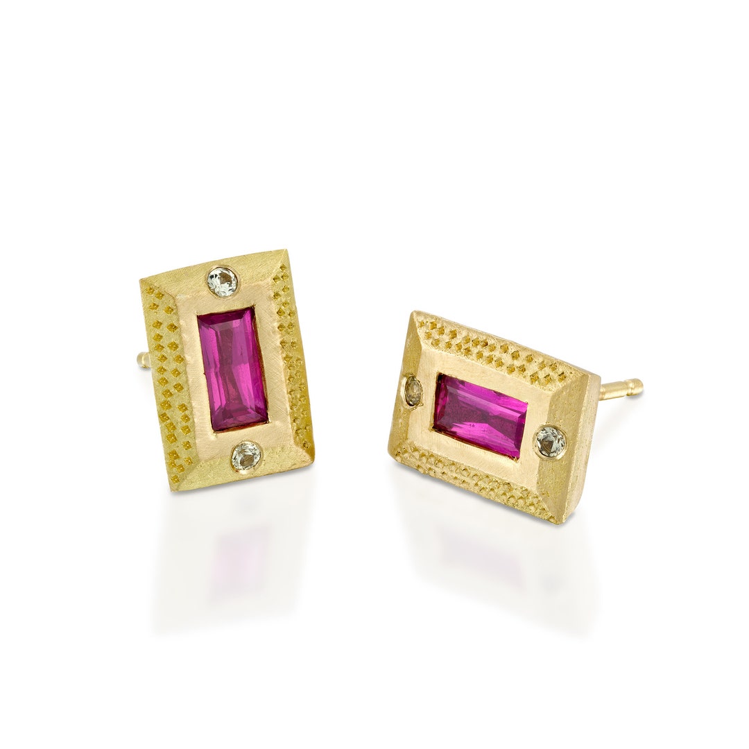 14k /18k Solid Gold Rectangle Ruby Stud Earrings Green Sapphire ...