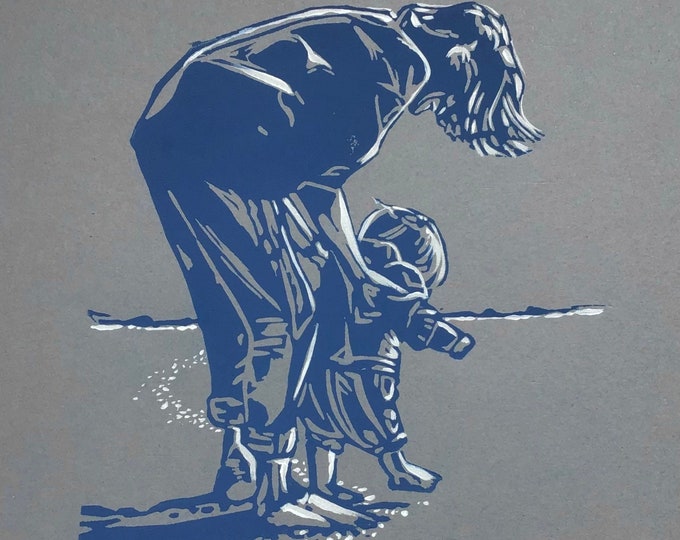 Paddling Lino Cut Print on Gunmetal Grey - Etsy