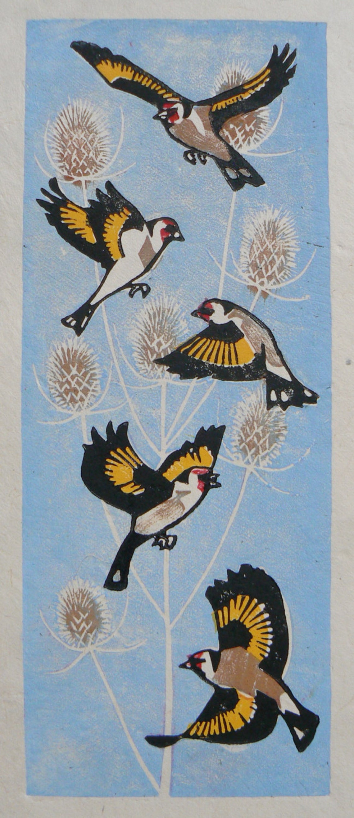 Goldfinches in Flight Linocut Print Bird Print Finch Teasel Handprinted ...
