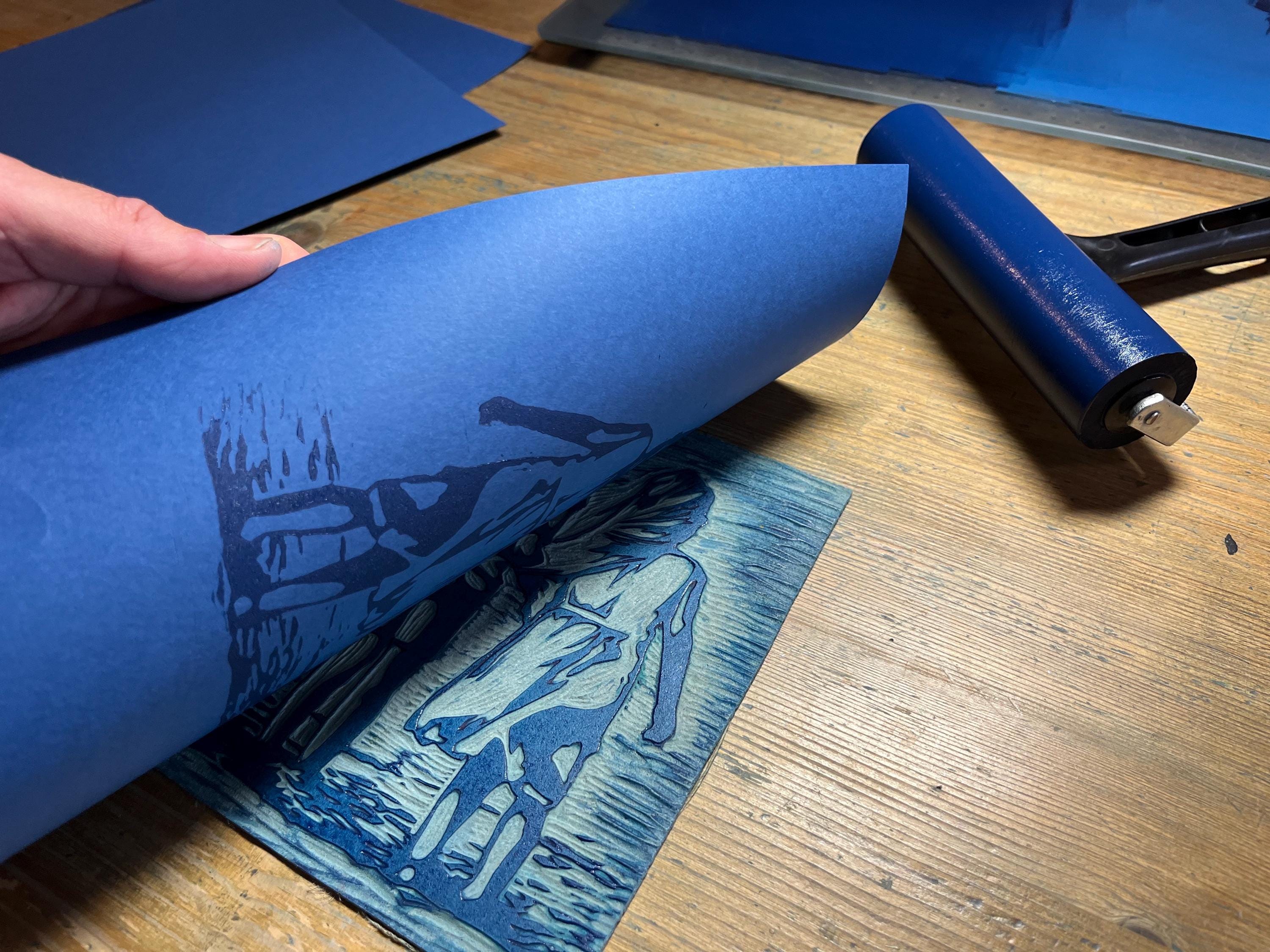 Wave Jumping Linocut Print on Ocean Blue Paper: Seaside, Beach, Family ...